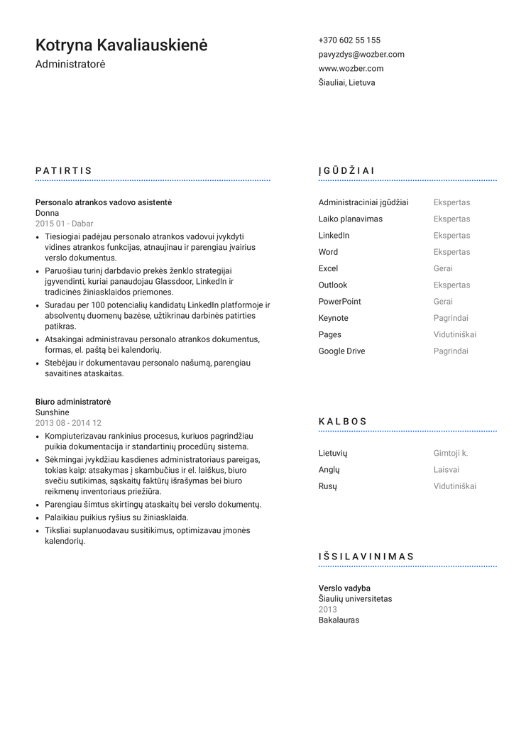Administratorės CV pavyzdys