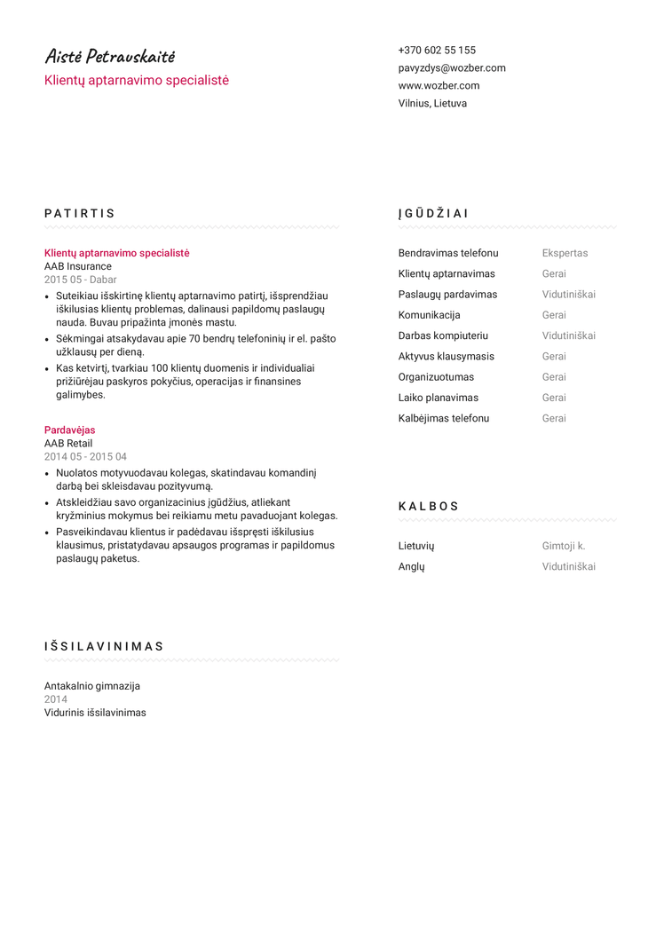Duomenų mokslininko CV pavyzdys (anglų kalba)